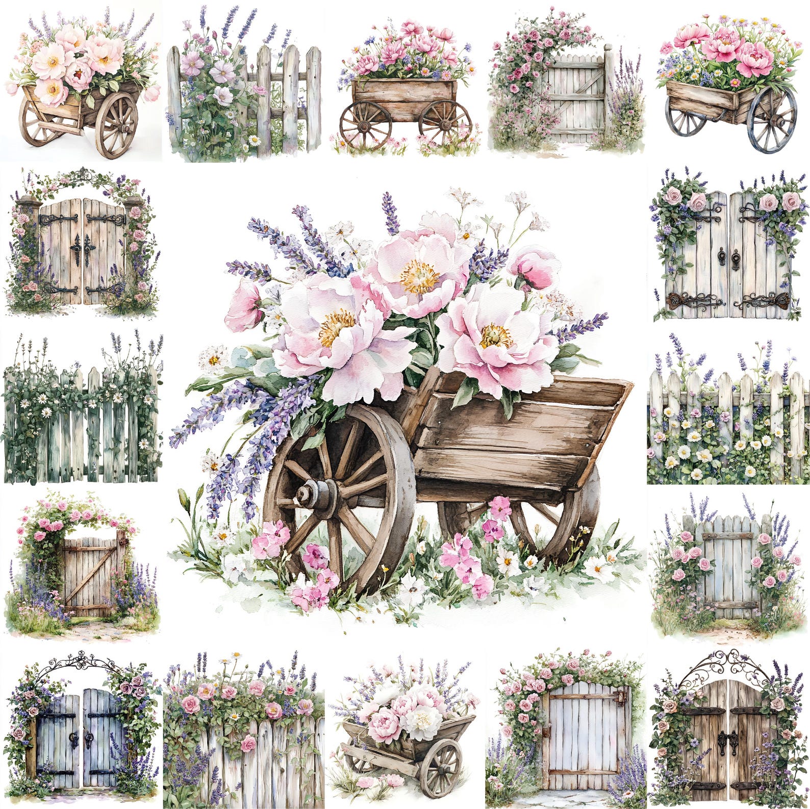 Rustic Wooden Fences, Gates & Vintage Flower Carts – 20 Watercolor ...