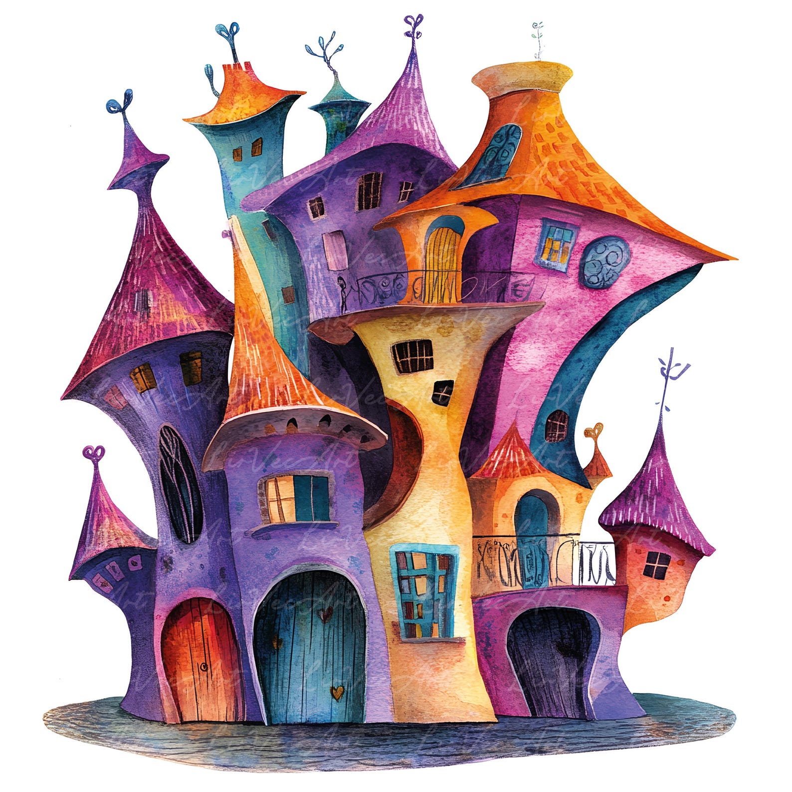Whimsical Fantasy Houses Clipart – 28 Colorful Cartoon Buildings With ...