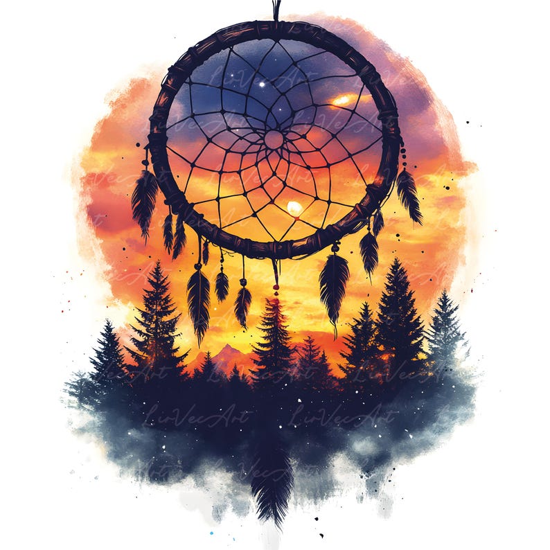 Dreamcatcher Clipart Set With Night Forest Landscapes, Moon and Stars ...