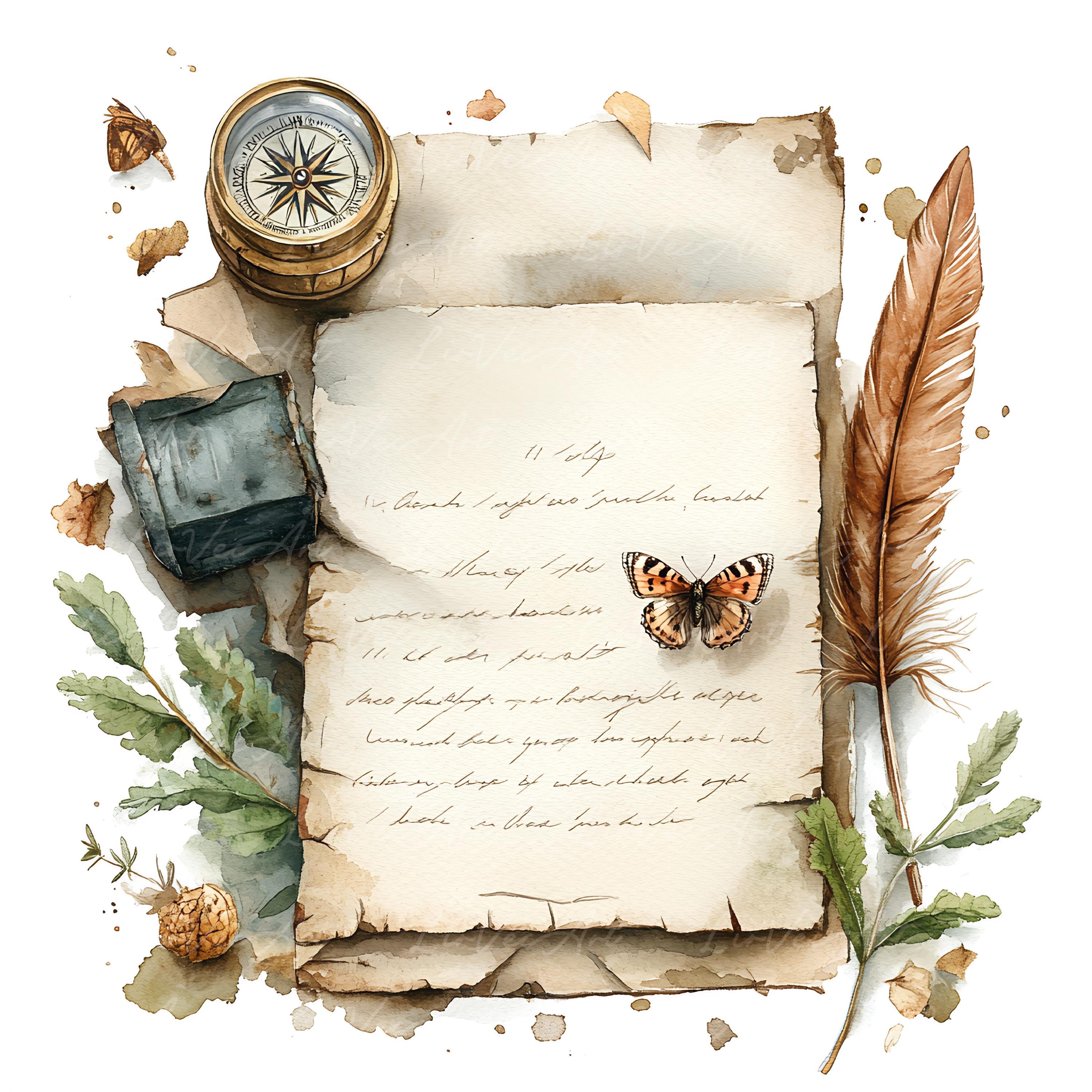 Vintage Writing Clipart Set – 24 Watercolor Illustrations of Aged Paper ...