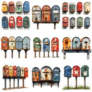 Vintage Watercolor Mailbox Clipart – 50 Rusty Old Post Boxes, Mail ...