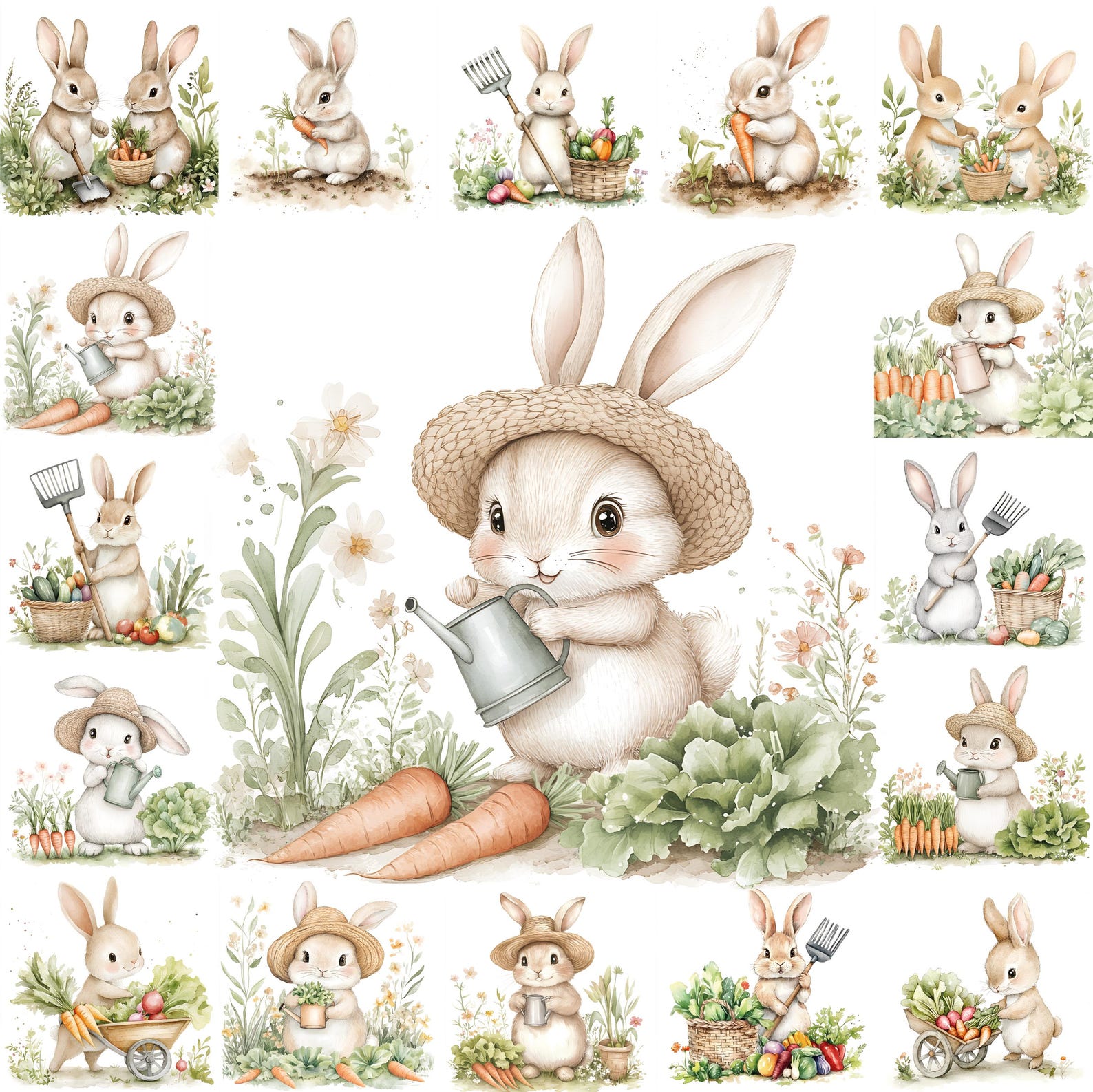 18 Watercolor Gardening Bunnies Clipart - Adorable Spring Rabbits for ...