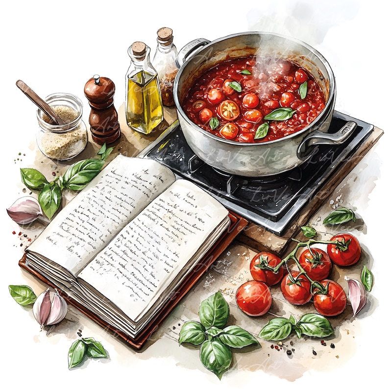 Vintage Watercolor Cookbook Clipart – Rustic Recipe Book Illustrations ...