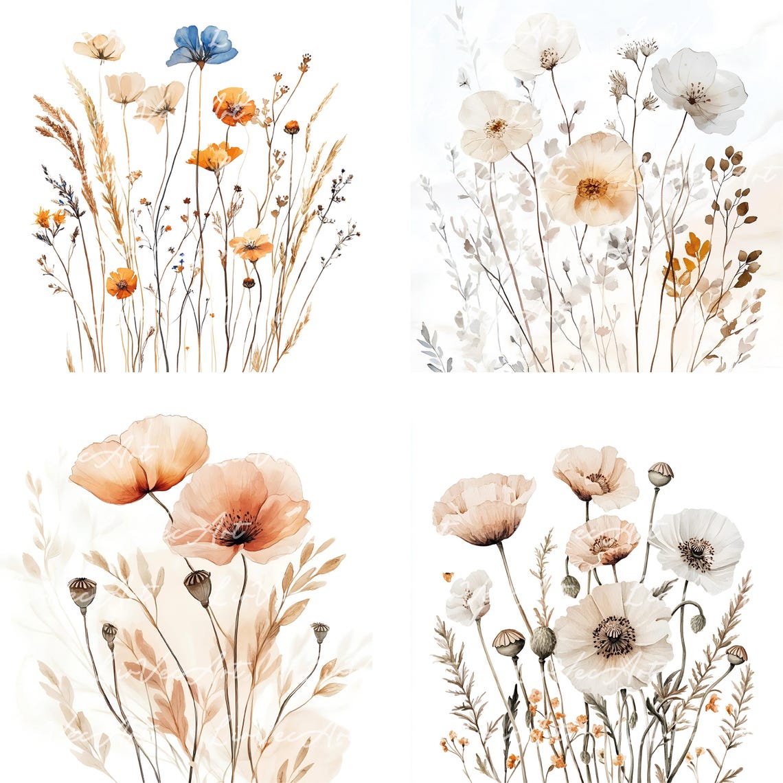 32 Abstract Flowers Clipart, Dried Flowers, Printable Watercolor ...