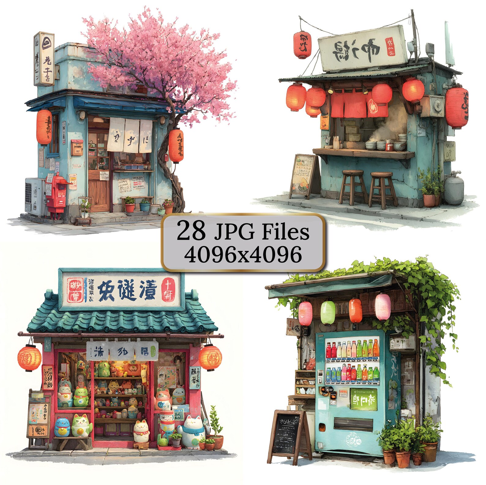 Kawaii Japanese Shop Clipart – 28 Anime-style Watercolor Storefronts ...