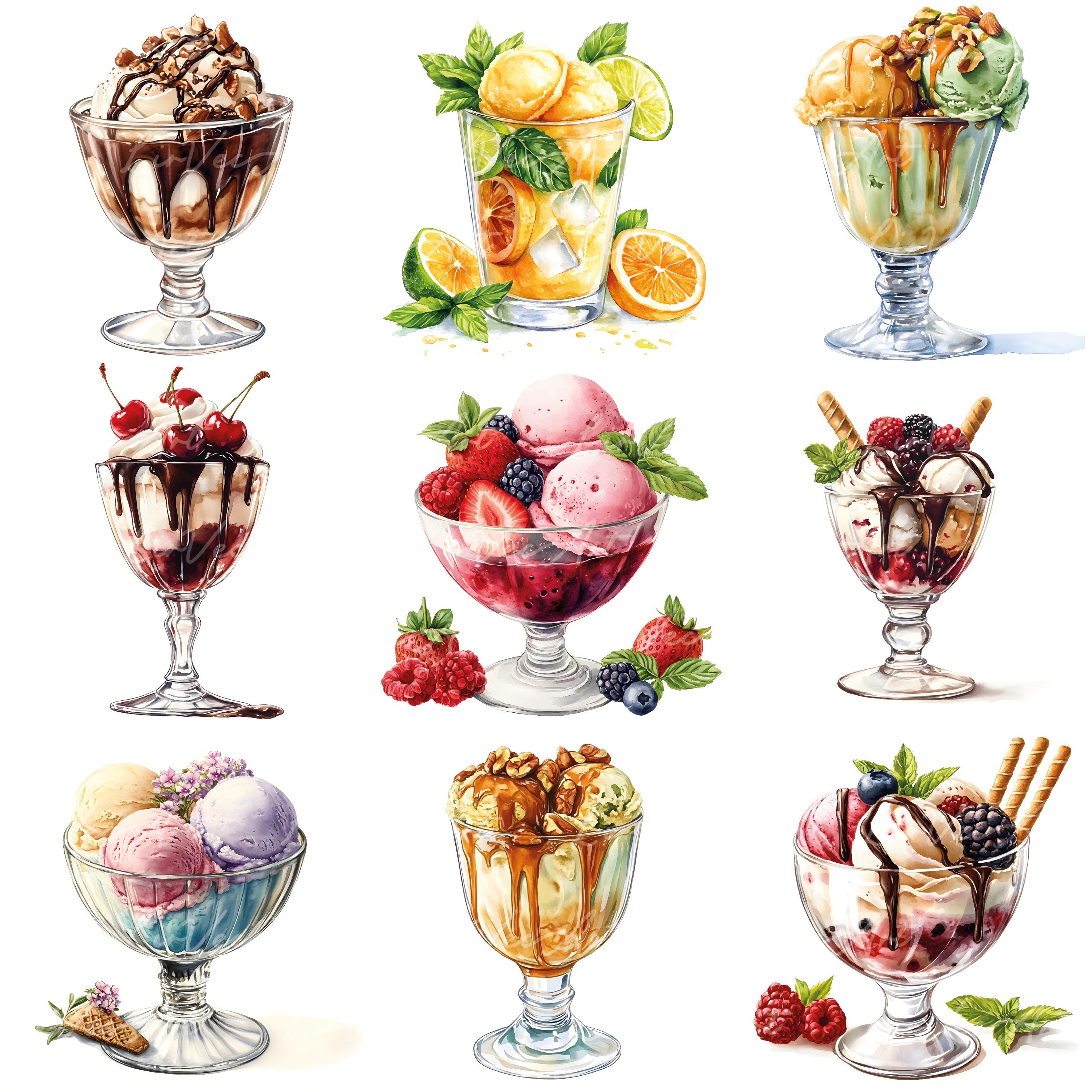 Watercolor Ice Cream Clipart Set – 38 Realistic Desserts in Glass Cups ...