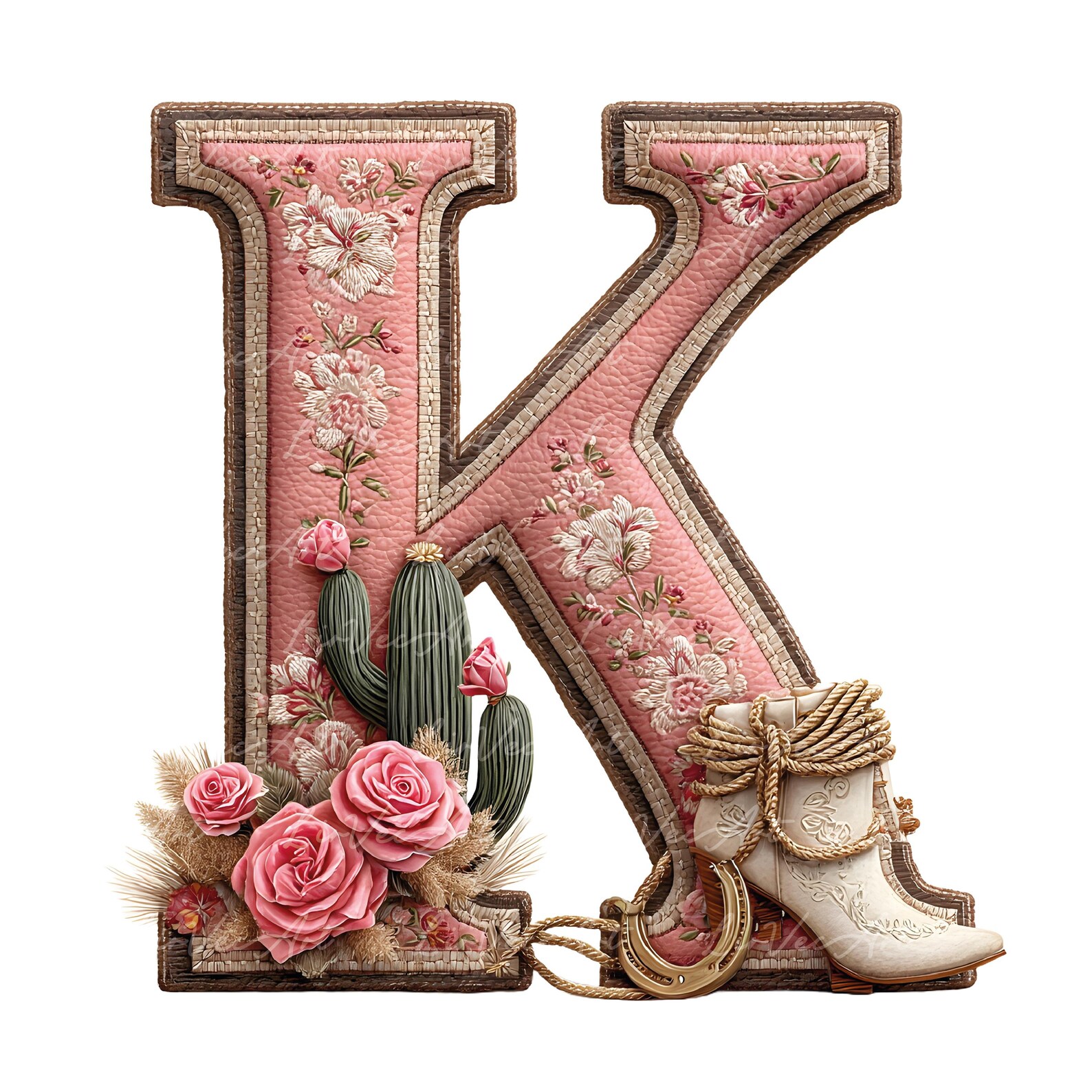 Cowgirl Western Floral Alphabet Clipart, Pink Tooled Leather Letters A ...