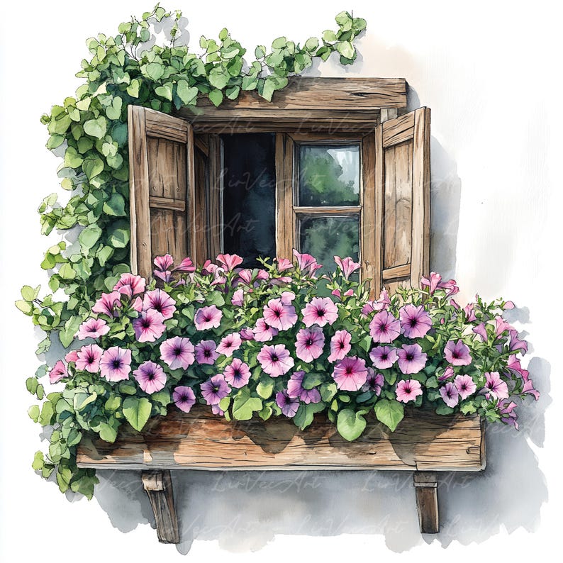 27 Watercolor Window Flower Boxes Clipart – Cottage Windows With Potted ...