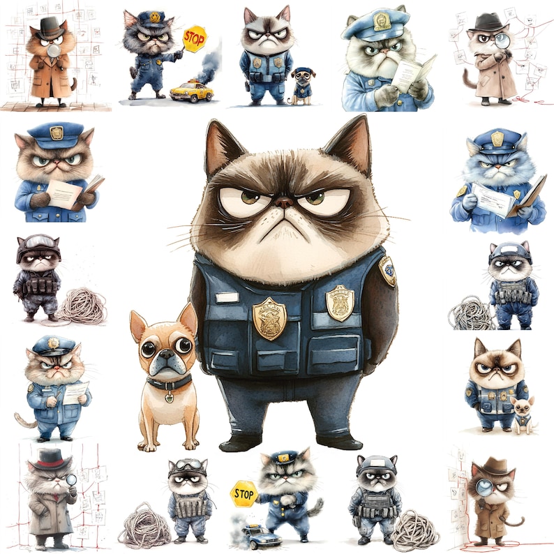18 Grumpy Police Cat Clipart Set - Funny Detective and Officer Digital ...