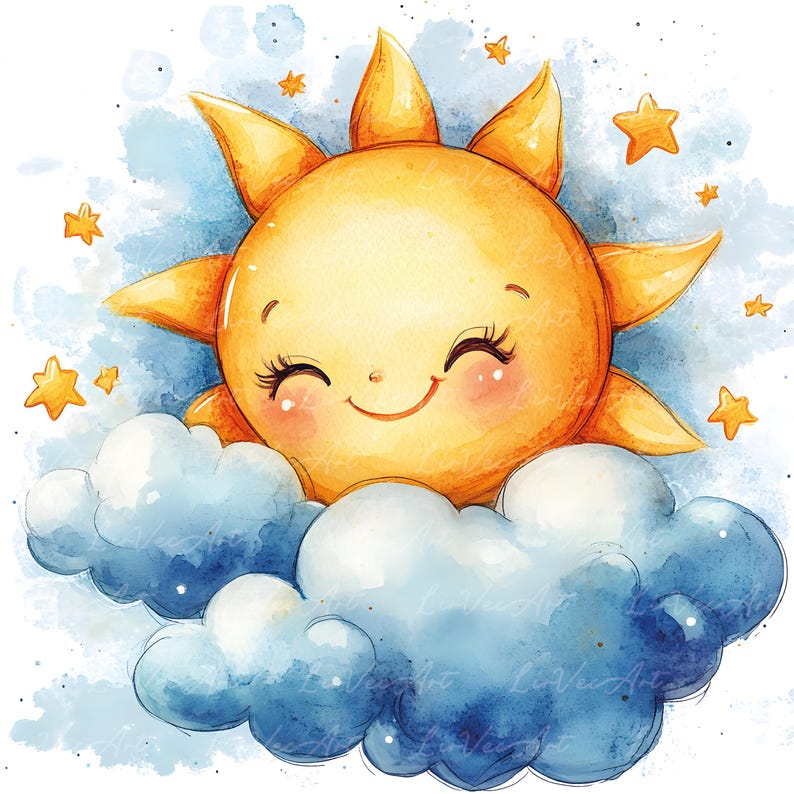 Cute Watercolor Sun Clipart Bundle, 30 Smiling Sun Illustrations With ...