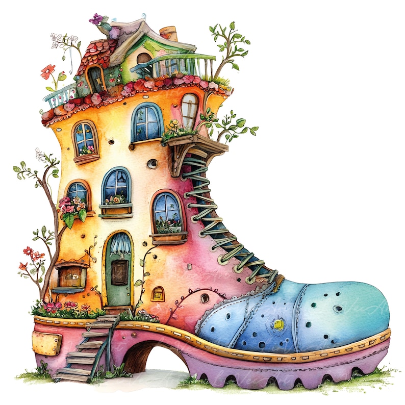 25 Whimsical Shoe House Cliparts – Fantasy Footwear Homes in Watercolor ...
