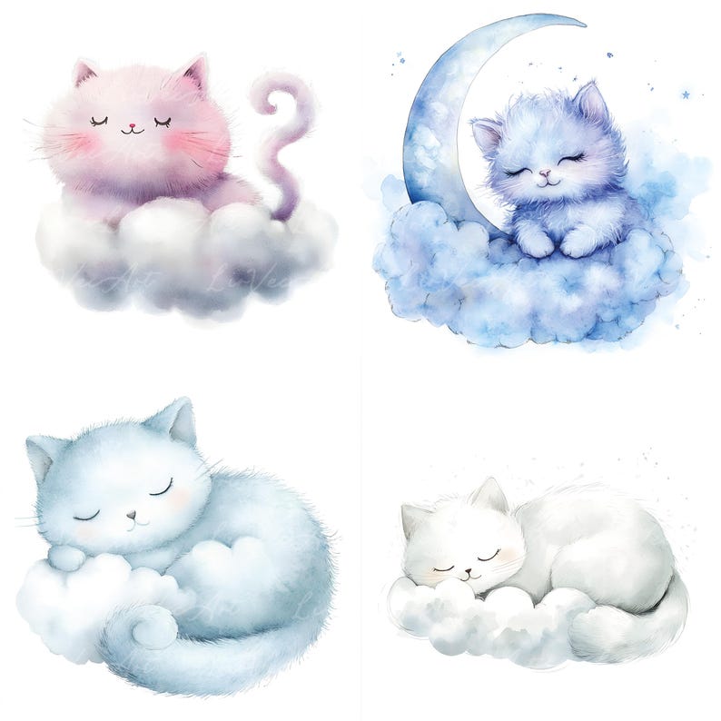 24 Cloud Cats Clipart, Watercolor Cute Kittens Made of Clouds and Moon ...
