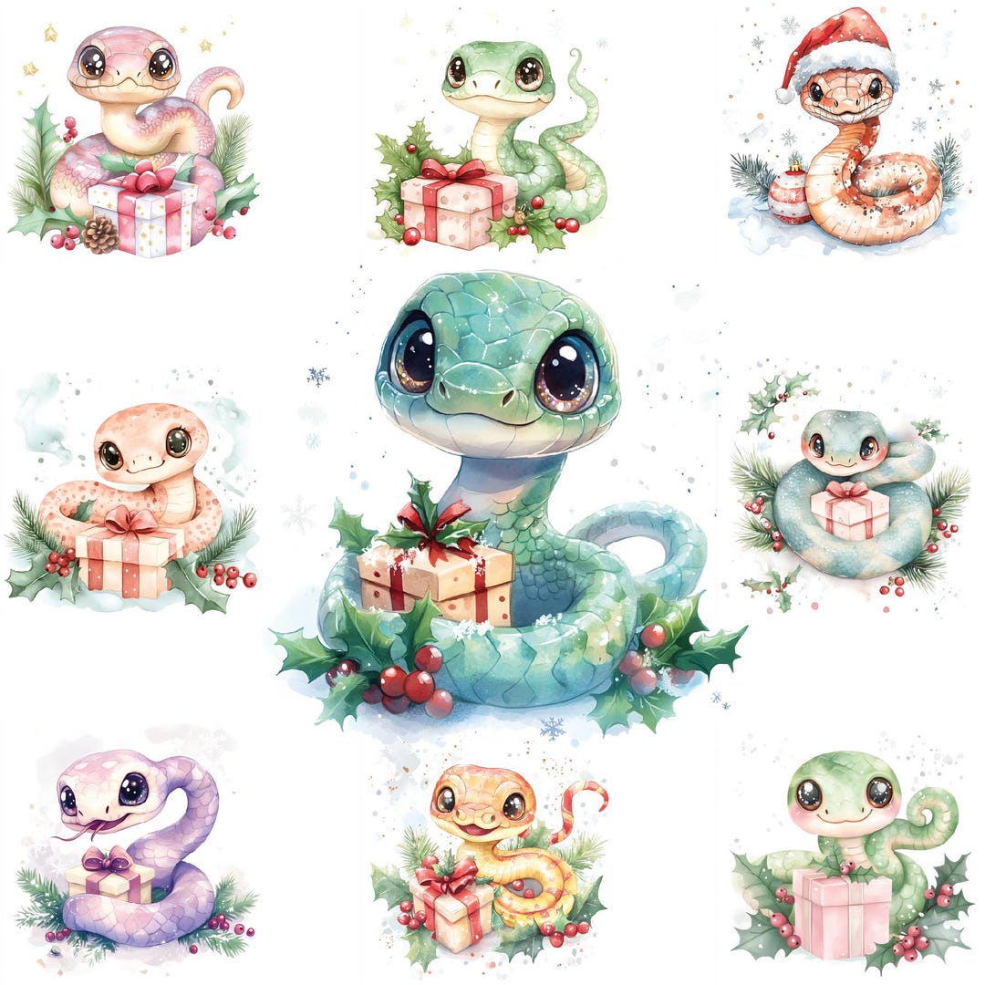 Cute Christmas Snake Clipart Set 10 Watercolor Snake Illustrations for ...