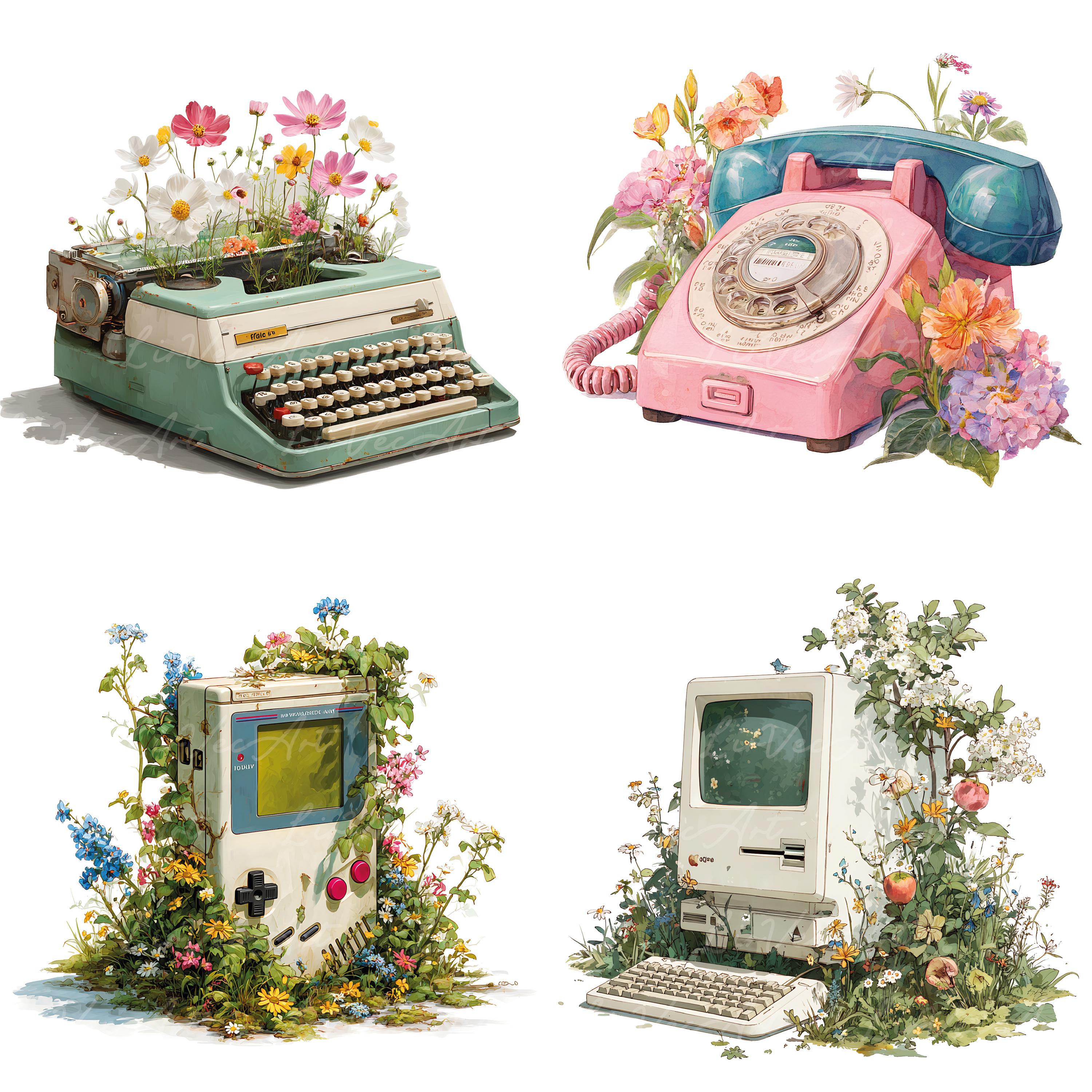 Retro Tech Clipart With Flowers,19 Watercolor Illustrations of Vintage ...