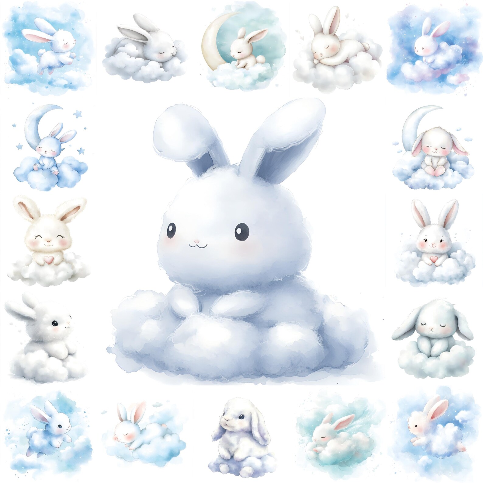 25 Cloud Bunny Clipart, Watercolor Cute Rabbits Made of Clouds and Moon ...