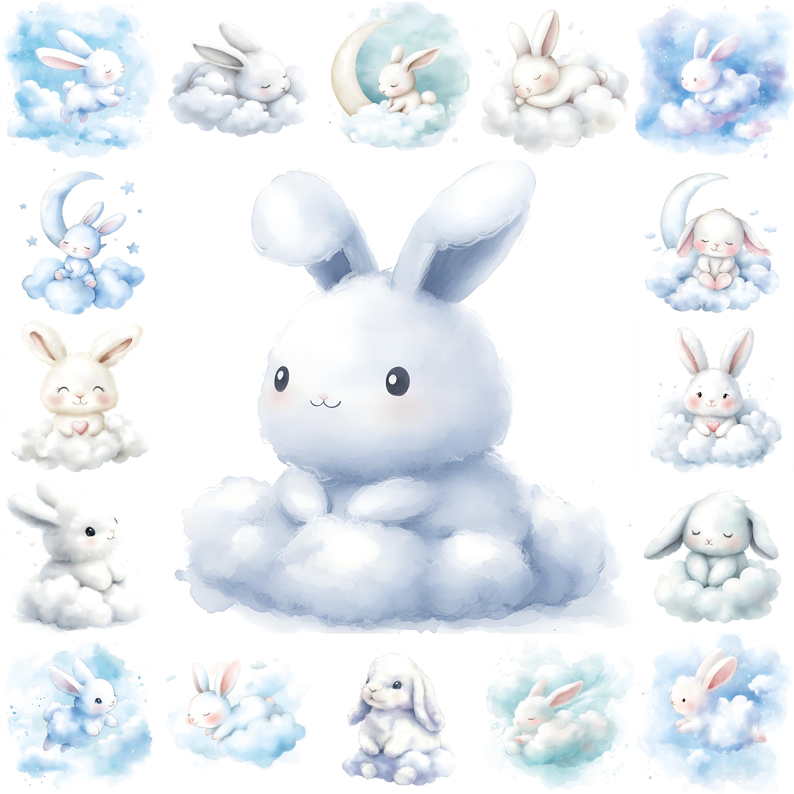 25 Cloud Bunny Clipart, Watercolor Cute Rabbits Made of Clouds and Moon ...
