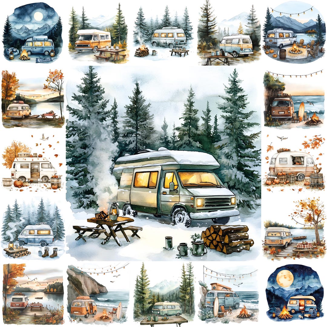 25 Watercolor Camper Van Clipart – Cozy Outdoor Landscapes & Seasonal ...