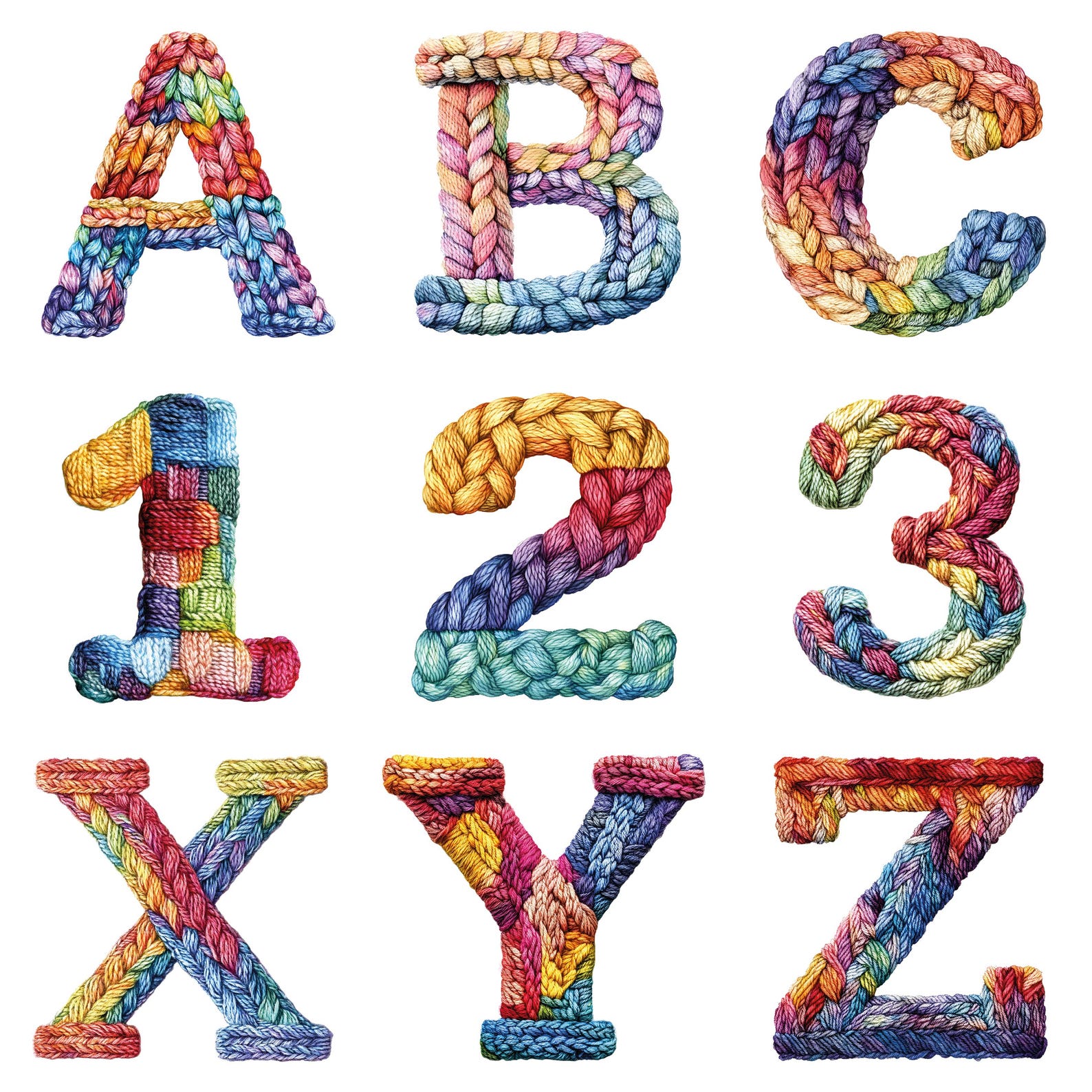 Knitted Alphabet Clipart – Colorful Yarn Letters & Numbers, Cozy Wool ...
