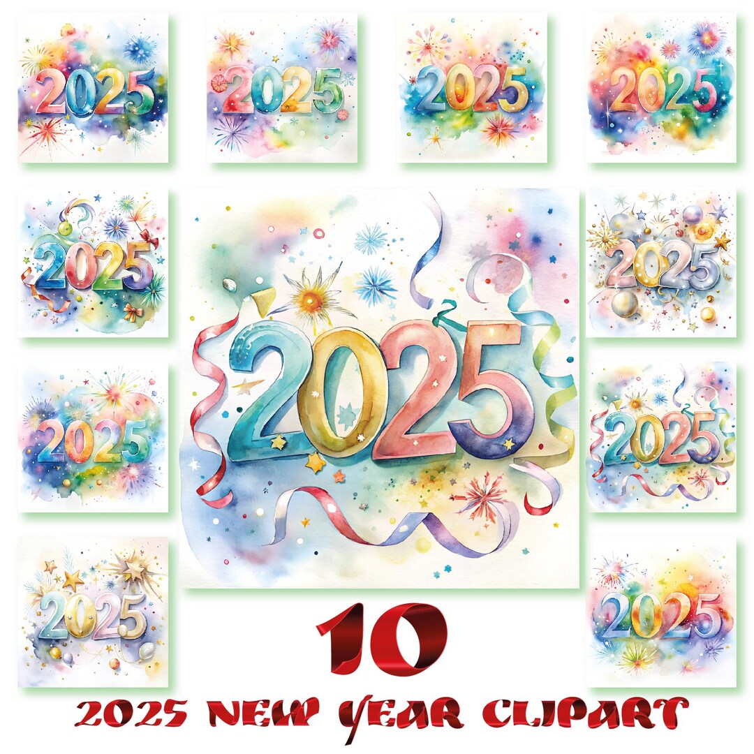 2025 New Year Clipart Bundle Watercolor Festive Numbers, Happy New Year ...