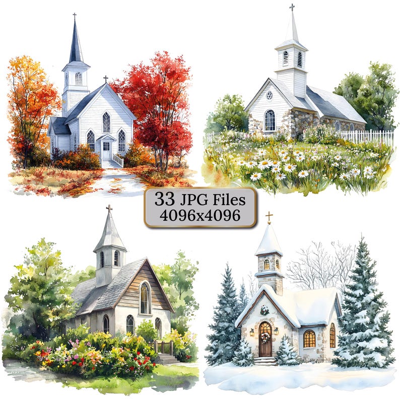 Watercolor Country Churches Clipart Set – 33 Rustic American Church ...