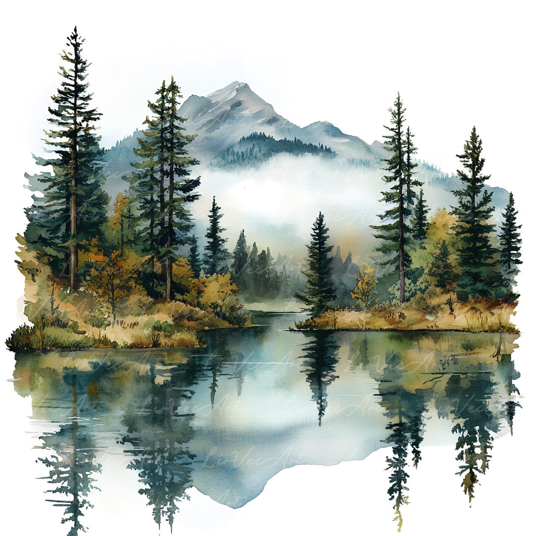 Watercolor Forest Lake Clipart – 25 Misty Pine Tree Landscape ...