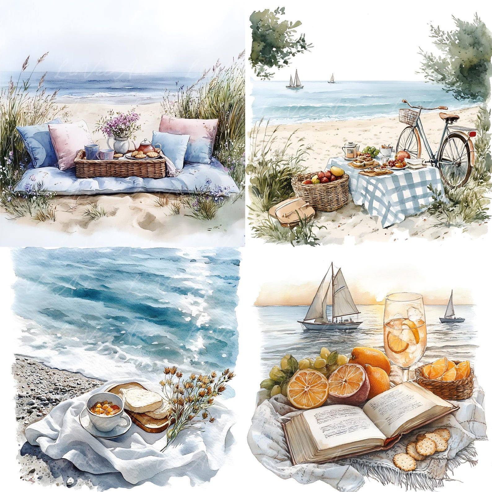 Shabby Chic Beach Picnic Clipart Set – 20 Watercolor Illustrations of ...