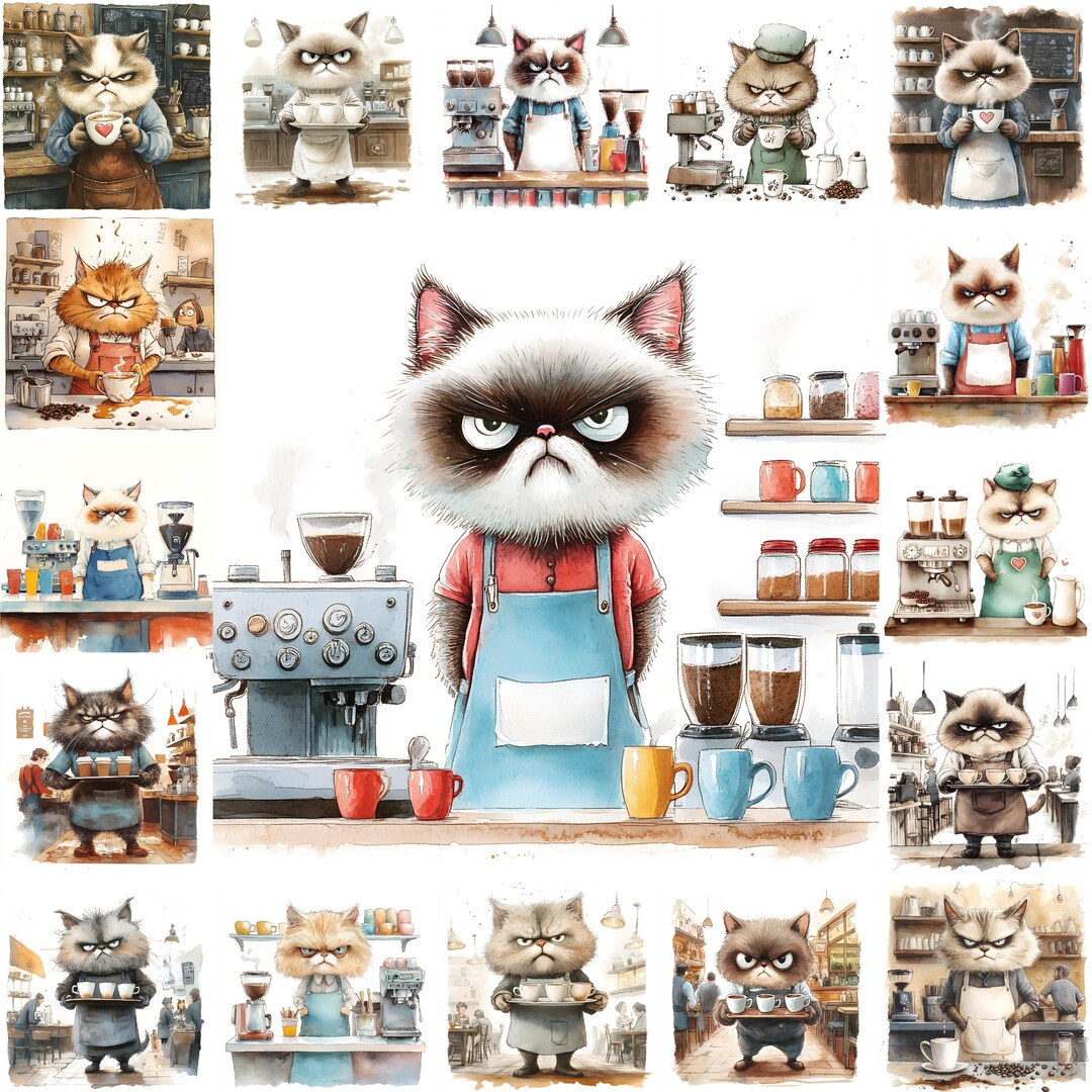17 Grumpy Cat Barista Clipart Set - Funny Coffee Lover Digital Art ...