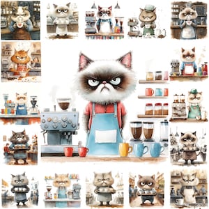 17 Grumpy Cat Barista Clipart Set - Funny Coffee Lover Digital Art ...