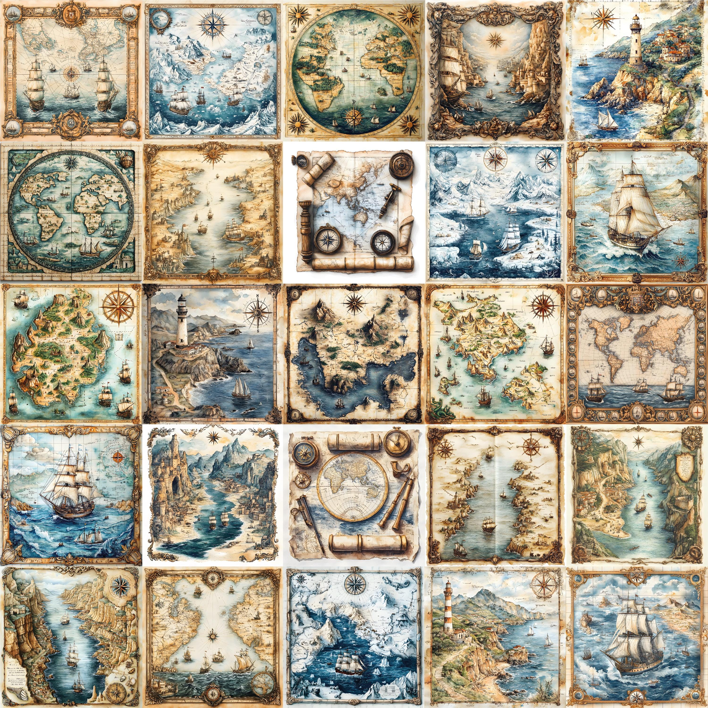 30 Vintage Nautical Explorer Maps Clipart – Old World Sea Charts ...