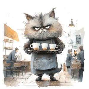 17 Grumpy Cat Barista Clipart Set - Funny Coffee Lover Digital Art ...