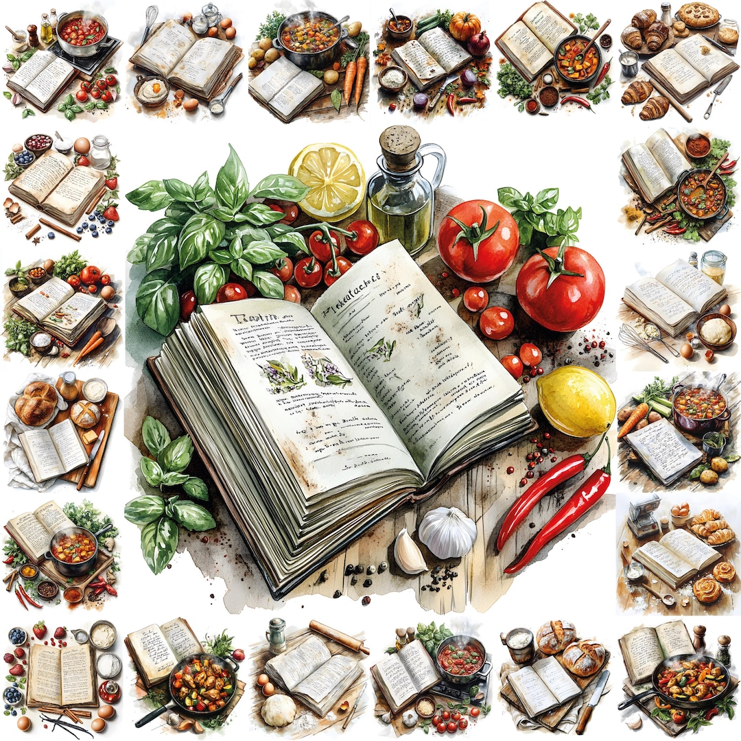 Vintage Watercolor Cookbook Clipart – Rustic Recipe Book Illustrations ...