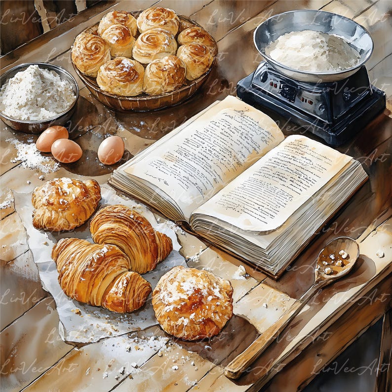 Vintage Watercolor Cookbook Clipart – Rustic Recipe Book Illustrations ...