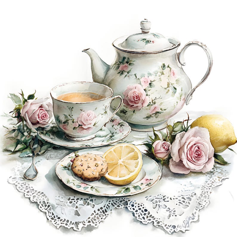Shabby Chic Tea Clipart Set, 26 Watercolor Illustrations of Vintage Tea ...
