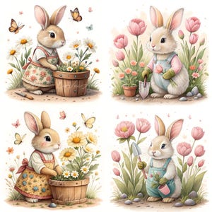 Watercolor Bunny Gardeners Clipart Set, 22 Cute Floral Rabbits, Spring ...