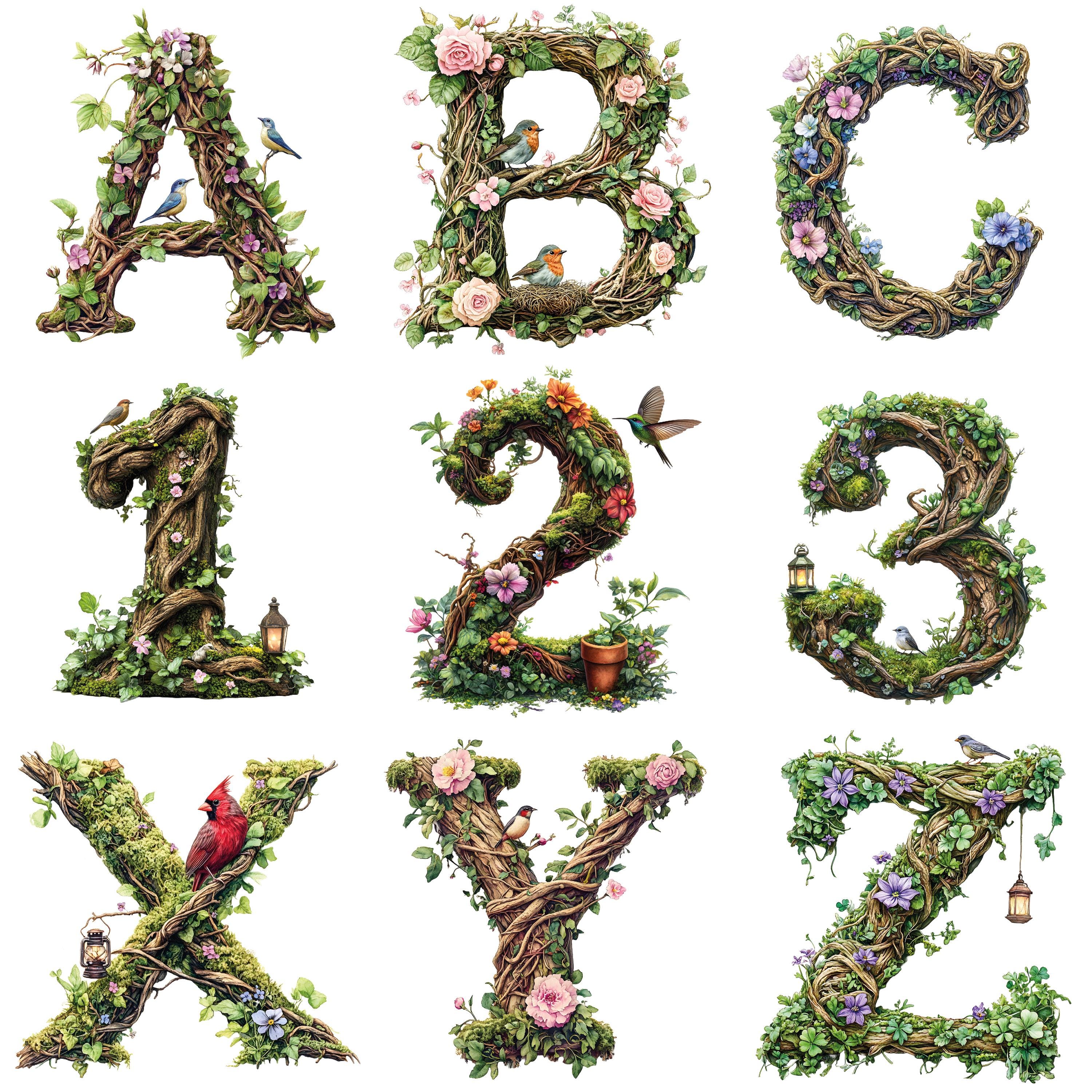 Enchanted Garden Alphabet & Numbers – Watercolor Floral Font With Birds ...
