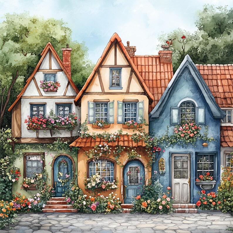 Watercolor Whimsical Cottage Houses Clipart – Fairytale Floral Homes ...