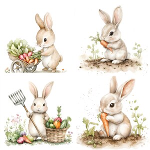 18 Watercolor Gardening Bunnies Clipart - Adorable Spring Rabbits for ...