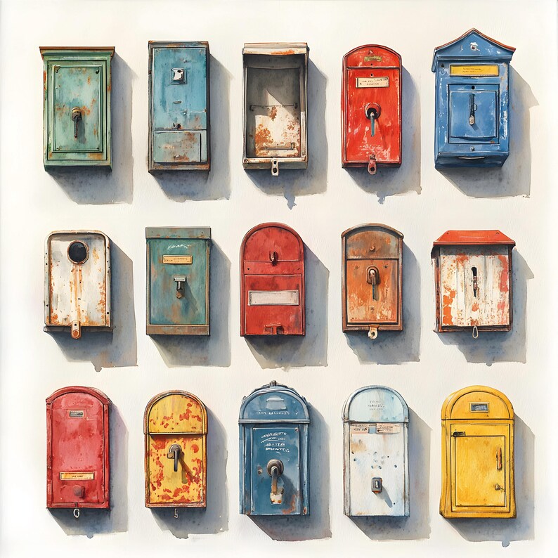 Vintage Watercolor Mailbox Clipart – 50 Rusty Old Post Boxes, Mail ...