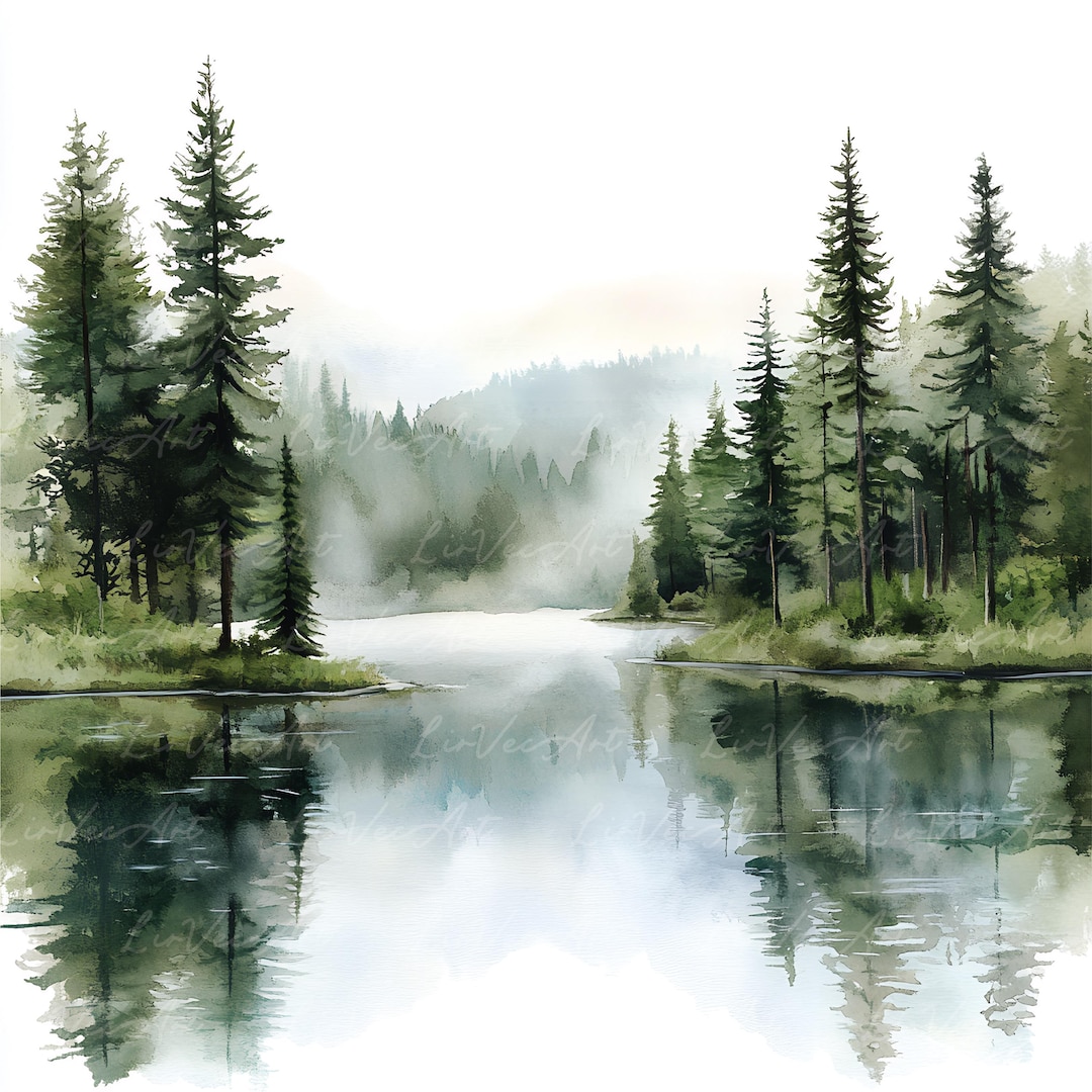 Watercolor Forest Lake Clipart – 25 Misty Pine Tree Landscape ...