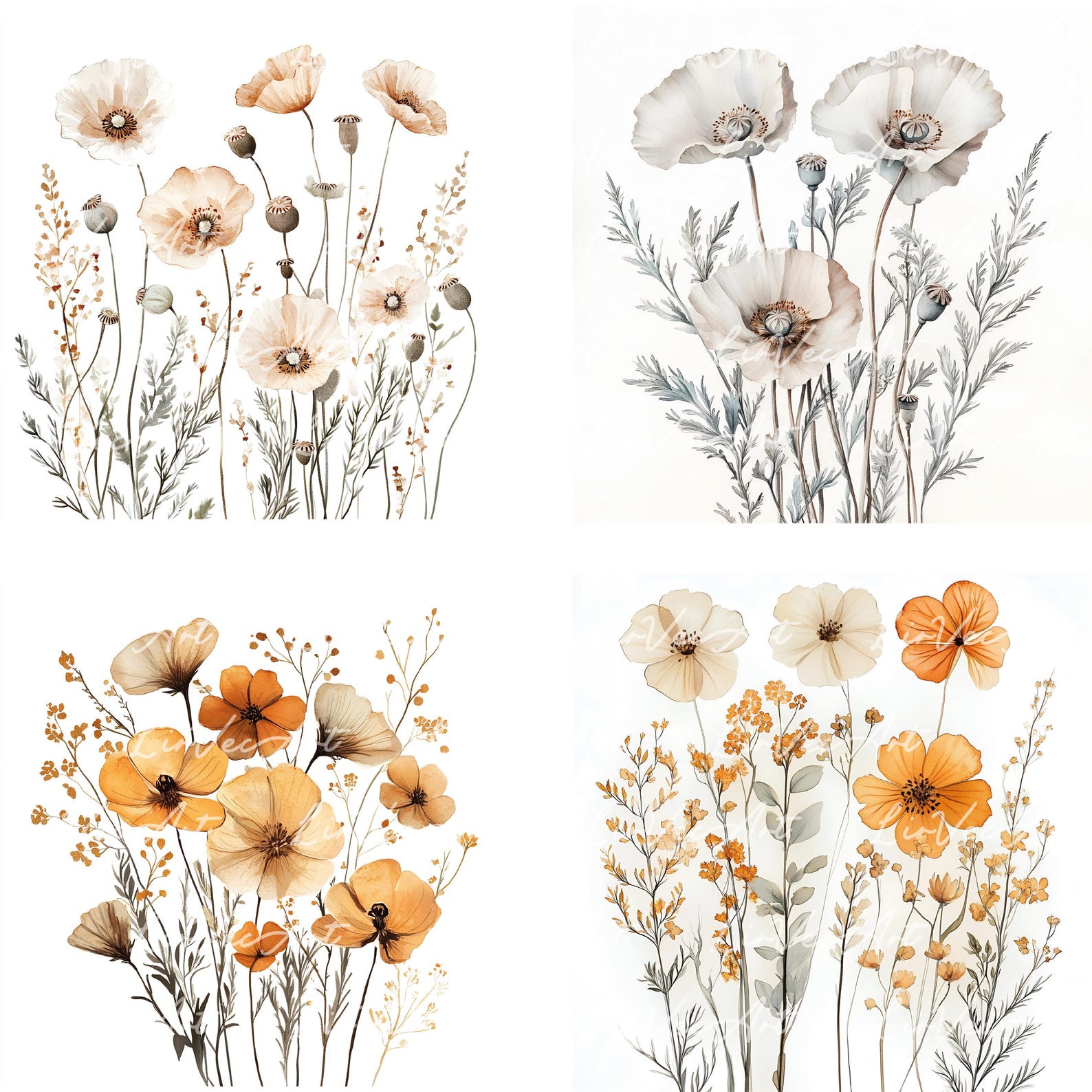 32 Abstract Flowers Clipart, Dried Flowers, Printable Watercolor ...
