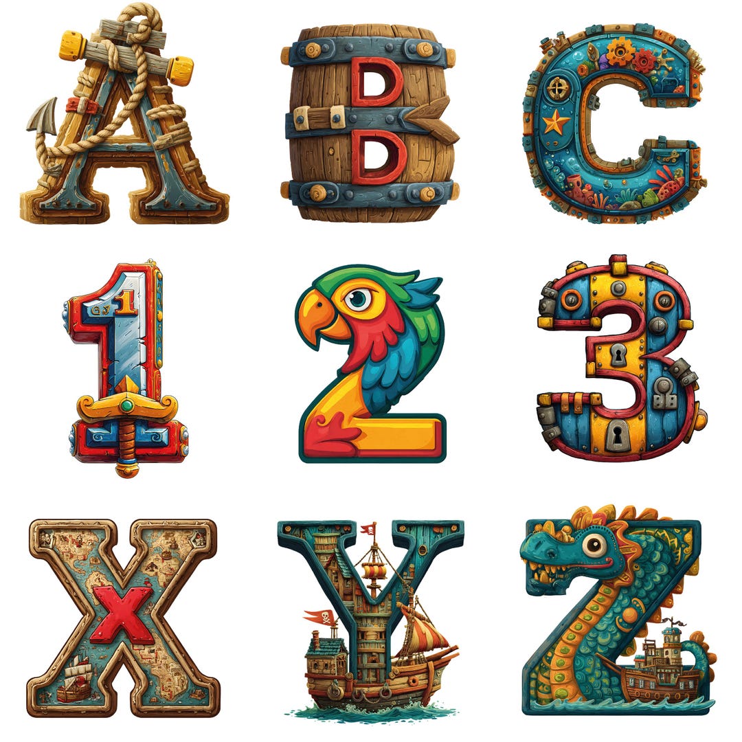 Pirate Alphabet Clipart A-Z, Numbers 0-9, Nautical Kids Letters ...