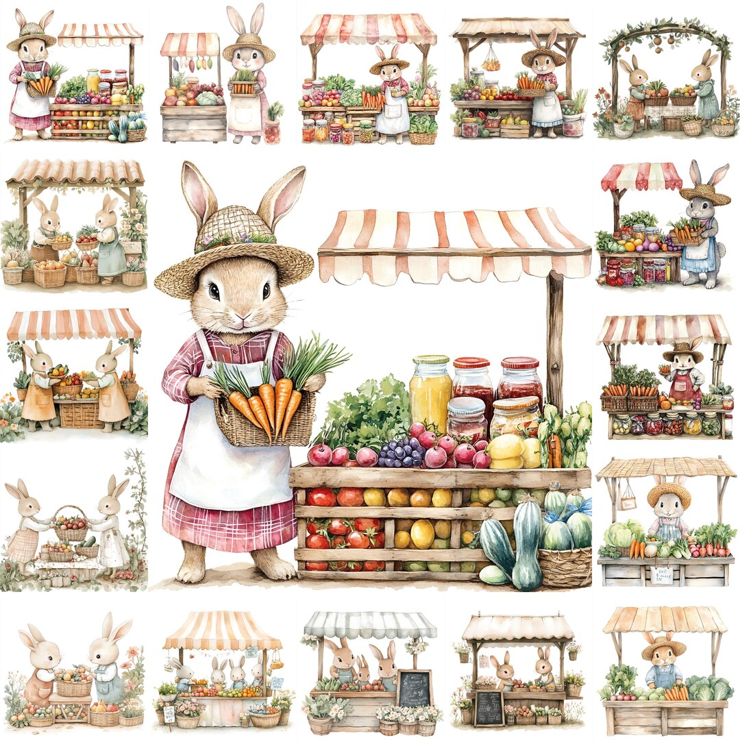 16 Rustic Bunny Farmers Market Clipart, Adorable Watercolor Rabbit Art ...