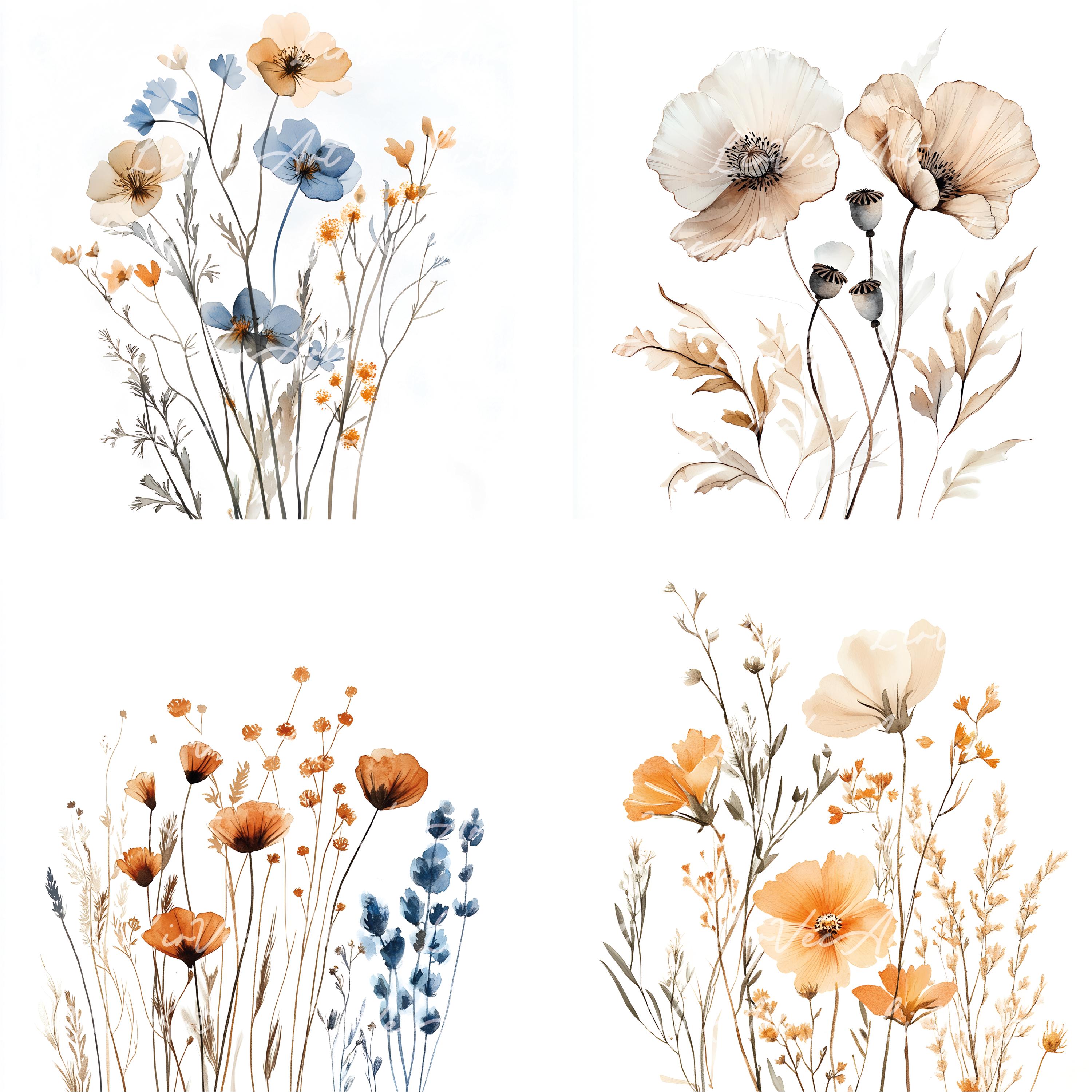 32 Abstract Flowers Clipart, Dried Flowers, Printable Watercolor ...