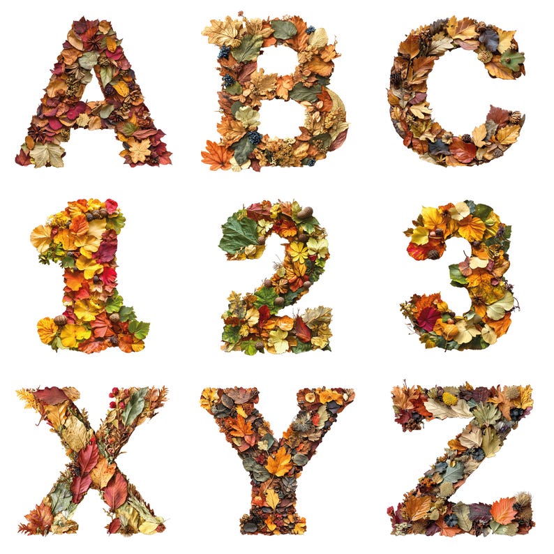 36 Autumn Alphabet & Numbers Clipart Set – Fall Leaves Floral Font ...