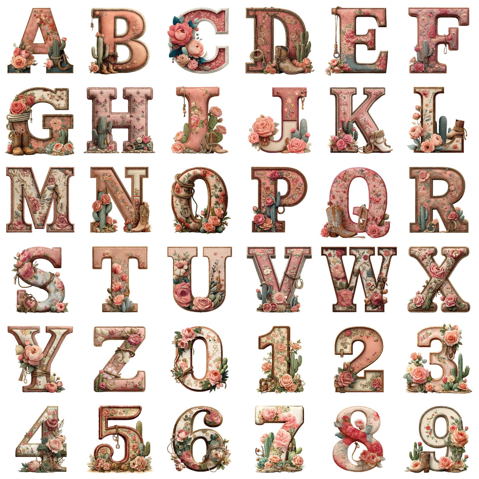 Cowgirl Western Floral Alphabet Clipart, Pink Tooled Leather Letters A ...