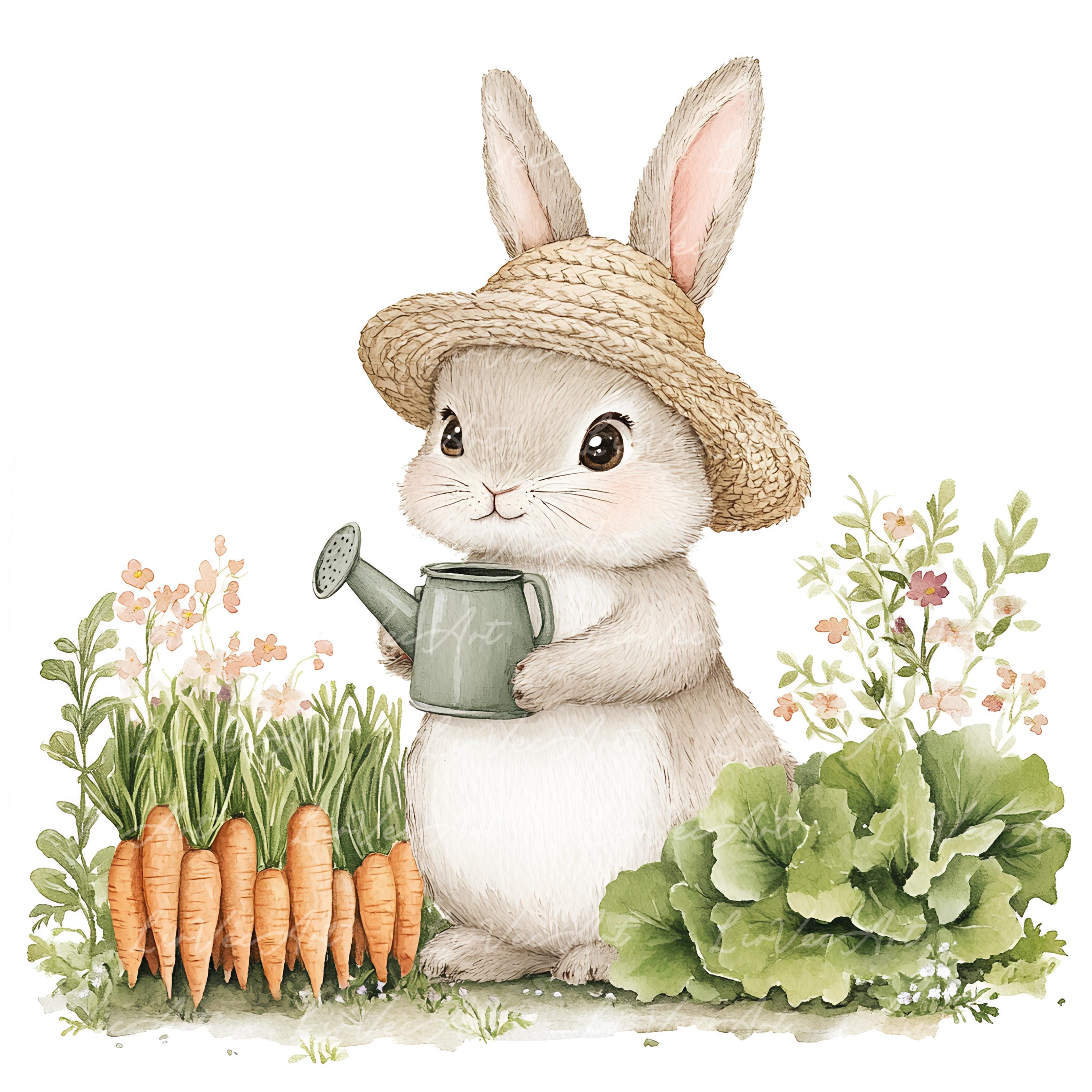 18 Watercolor Gardening Bunnies Clipart - Adorable Spring Rabbits for ...