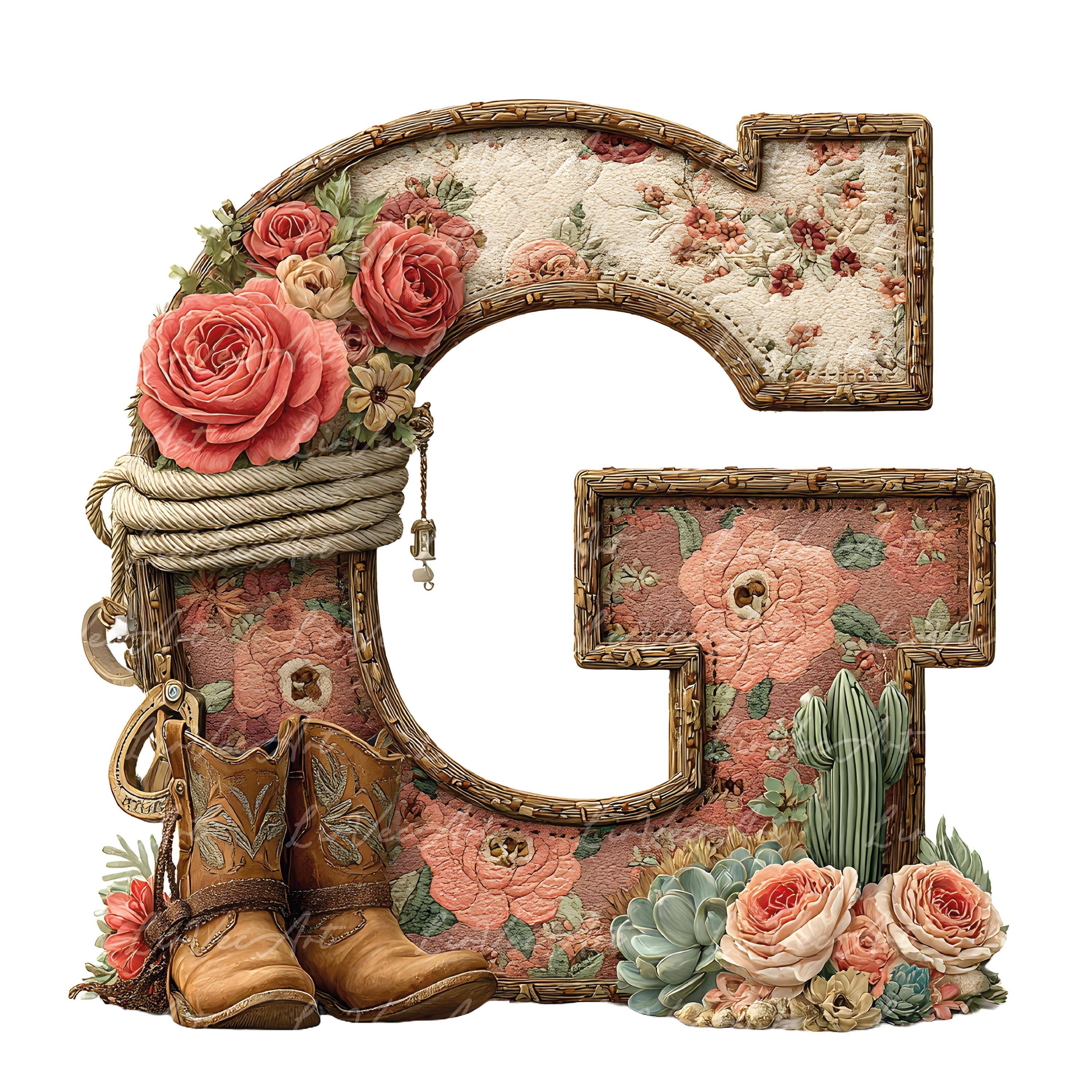Cowgirl Western Floral Alphabet Clipart, Pink Tooled Leather Letters A ...