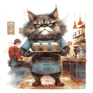 17 Grumpy Cat Barista Clipart Set - Funny Coffee Lover Digital Art ...