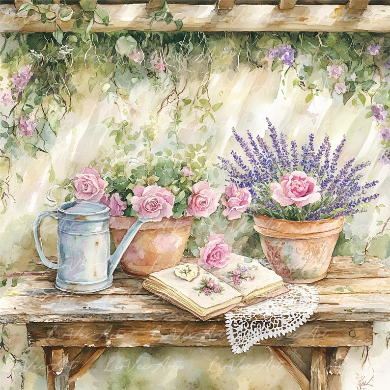 Shabby Chic Floral Planters Clipart, 20 Watercolor Vintage ...