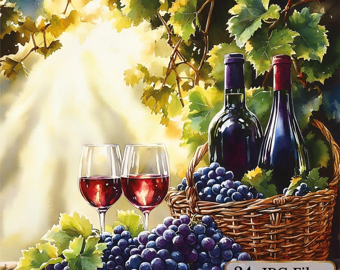 24 Rustic Vineyard Watercolor Clipart Bundle, Wine Bottles, Grapevines ...
